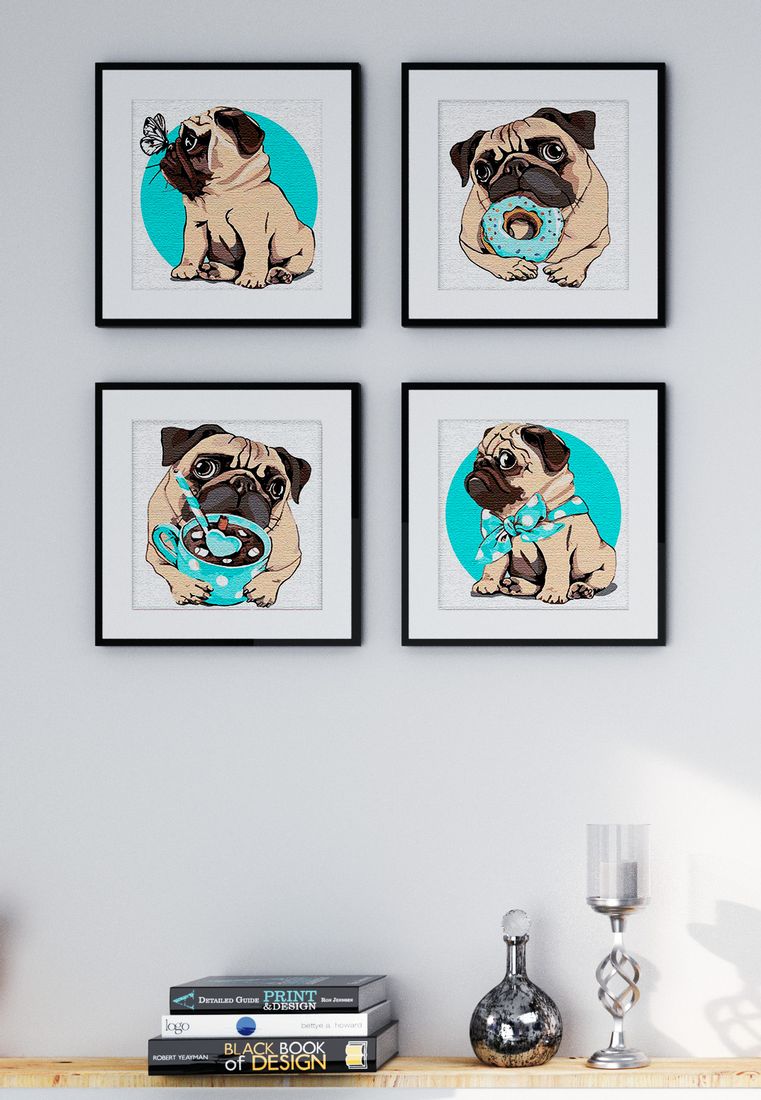 Malowanie po numerach 4 OBRAZY - 18x18cm pies mops, zwierzęta, zestaw ...