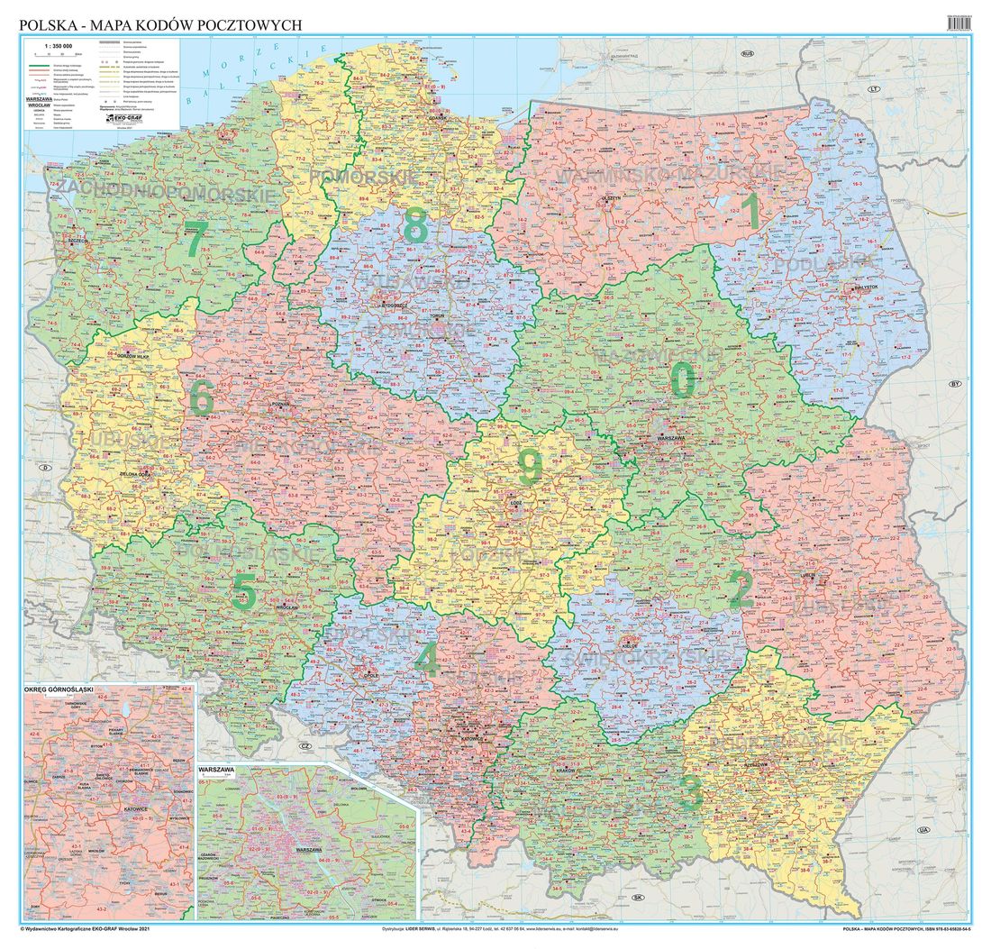 POLSKA MAPA ŚCIENNA KODY POCZTOWE ARKUSZ LAM 2021 - ERLI.pl
