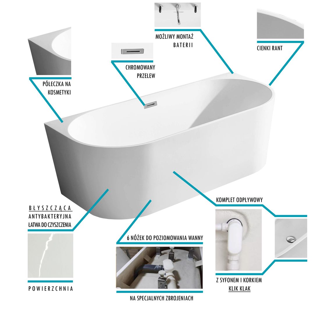 BRAIDER Wanna wolnostojąca RESTIA symetryczna 180 x 80 cm. Biała - ERLI.pl