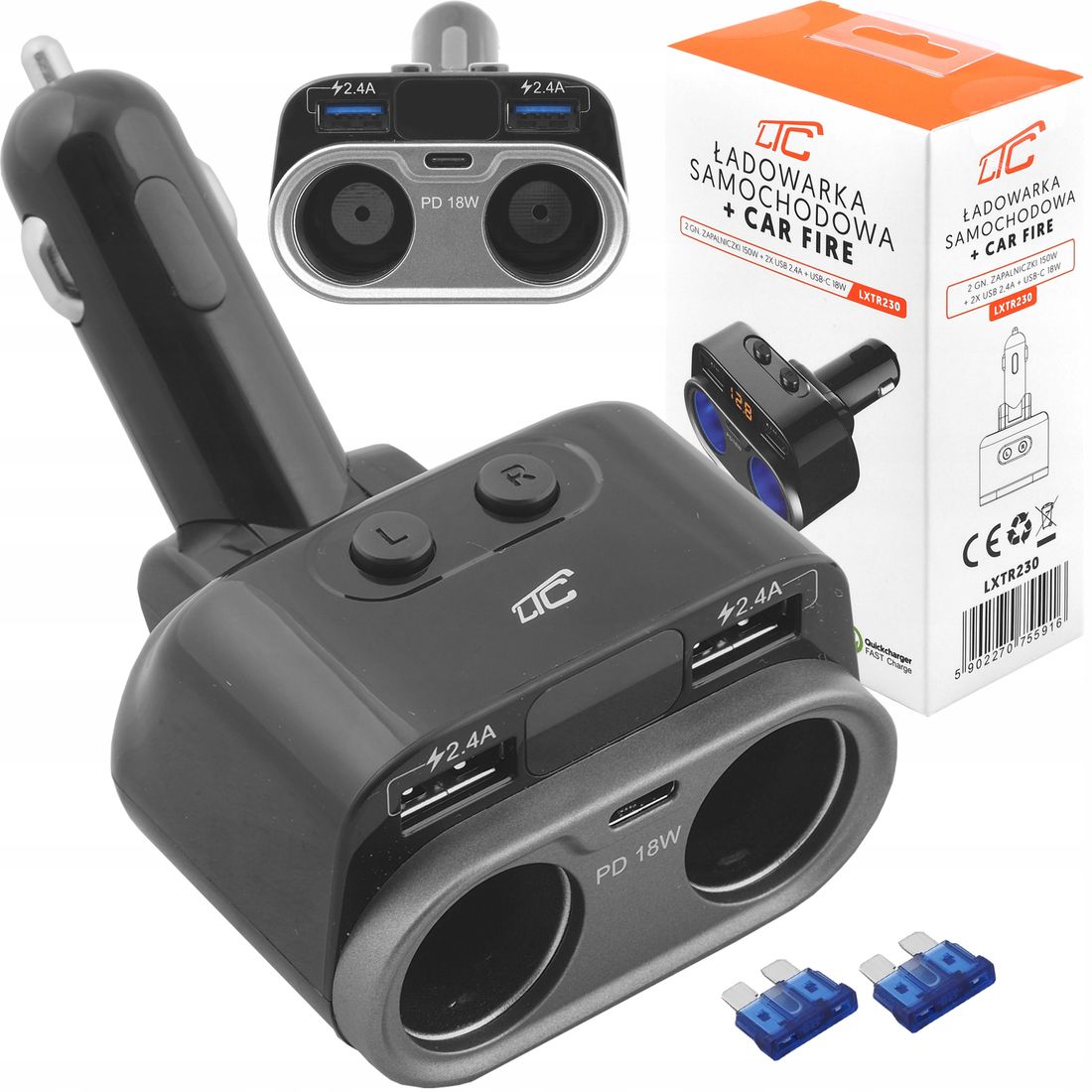 ROZDZIELACZ ROZGAŁĘŹNIK ZAPALNICZKI 2 + 2 USB 2.4A - ERLI.pl