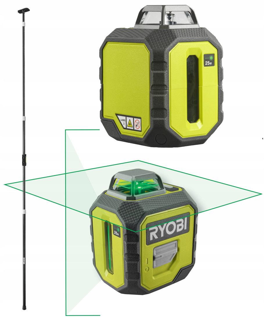 RYOBI LASER KRZYŻOWY 25M 3D ZIELONA 360 + TYCZKA - ERLI.pl