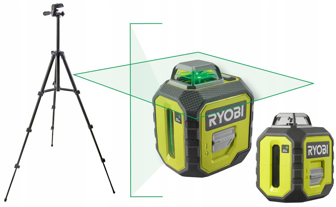 RYOBI LASER KRZYŻOWY 3D 25M ZIELONY 360 + STATYW - ERLI.pl