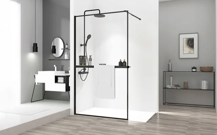 ŚCIANKA PRYSZNICOWA 100 CZARNA KABINA WALK IN REA BLER Z PÓŁKĄ WIESZAK ...