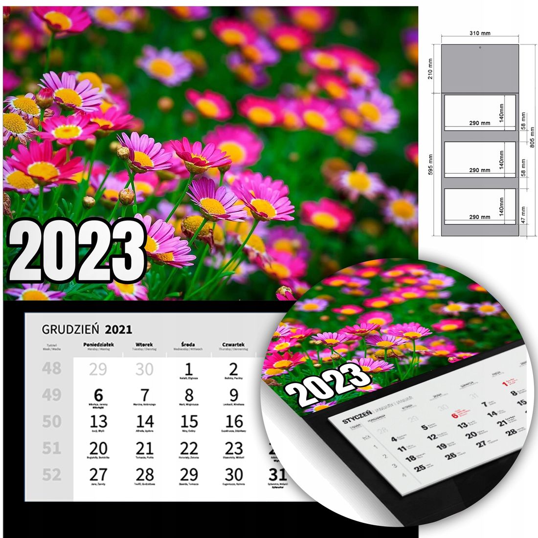 KALENDARZ Trójdzielny Ścienny 2023 KWIATY Wzory - ERLI.pl