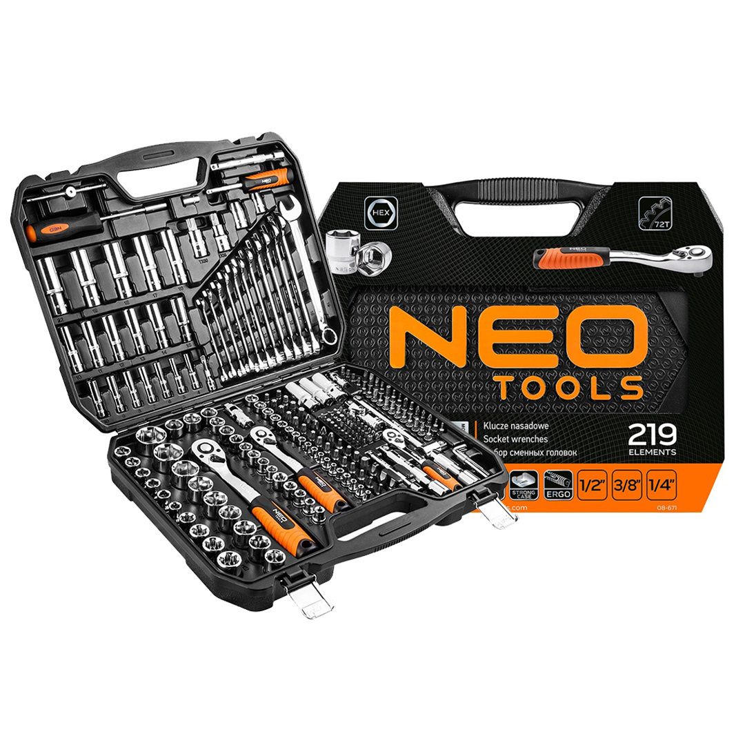 08-671 KLUCZE NASADOWE NEO TOOLS 1/2", 3/8", 1/4", ZESTAW 219 SZT., CRV – 134065473 - ERLI.pl