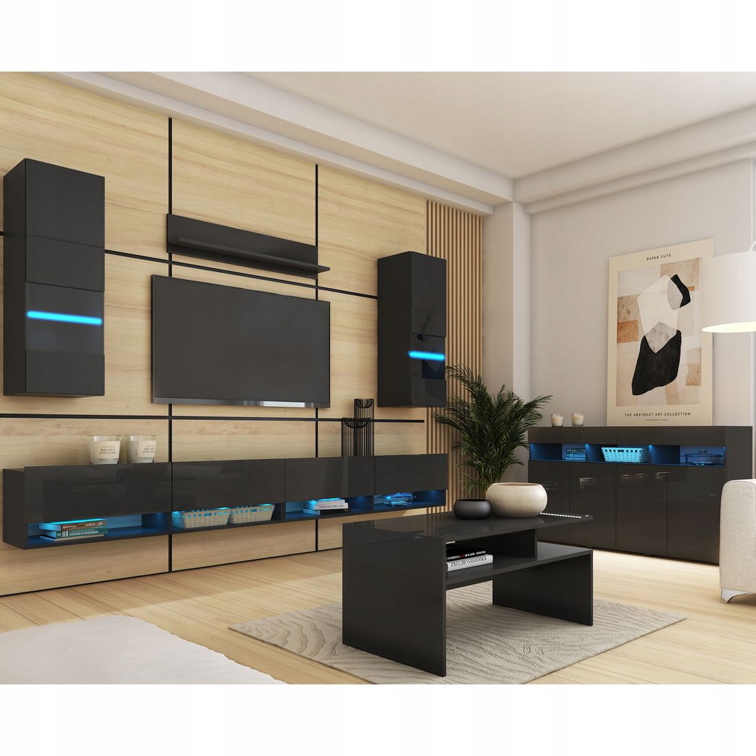 Meblościanka z komodą PREMIUM Czarne Meble Salon - ERLI.pl