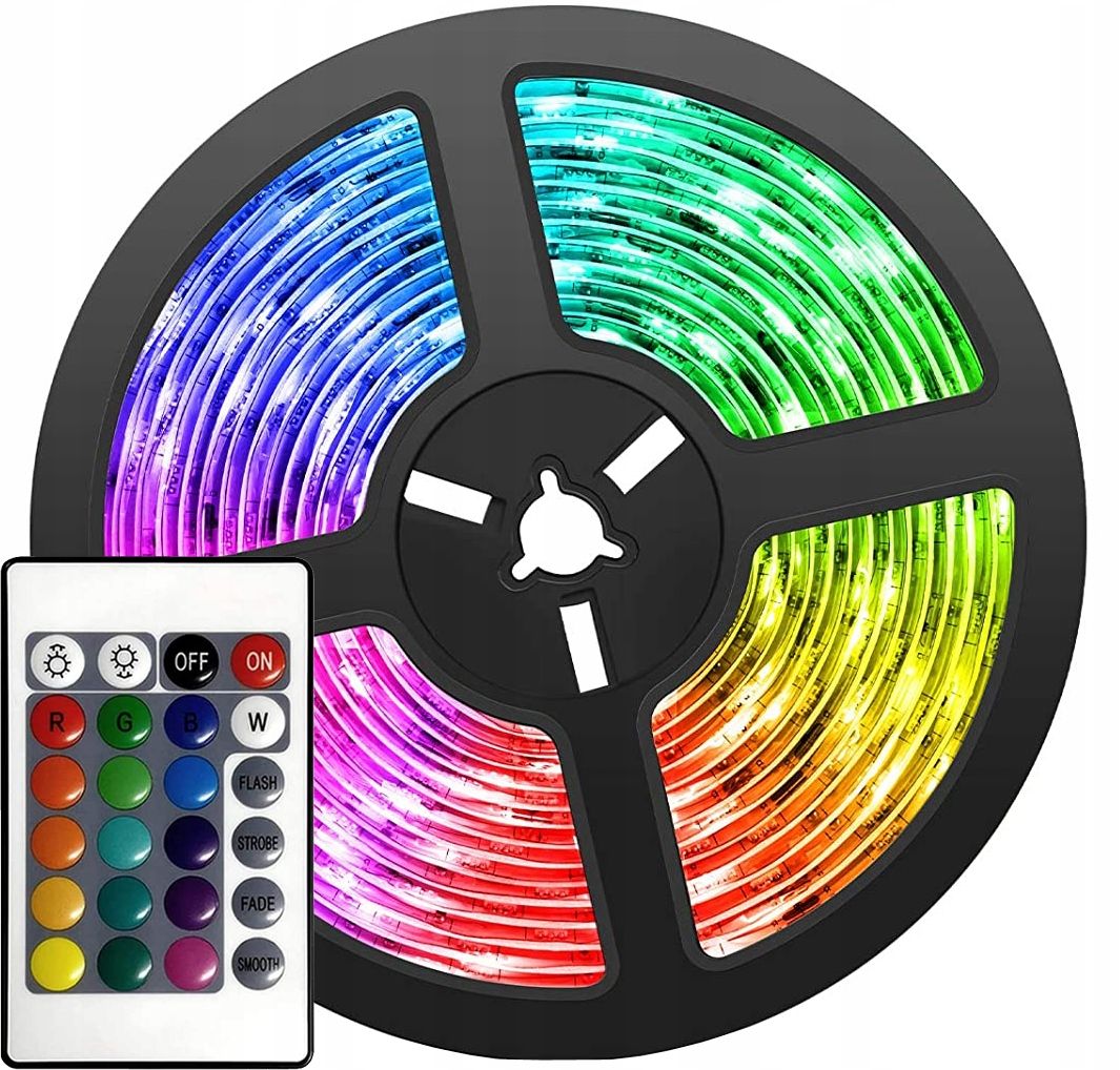 TAŚMA LED RGB KOLOROWA GOTOWY ZESTAW Z PILOTEM 5M - ERLI.pl