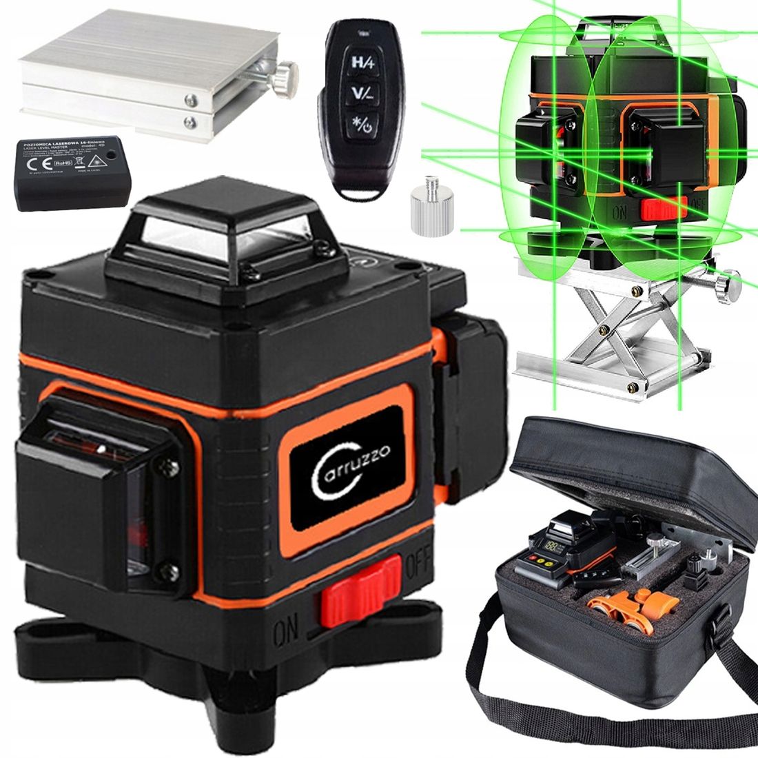 Poziomica Laserowa 360 Płaszczyznowa 4D Zielony Laser 16 Linii ...