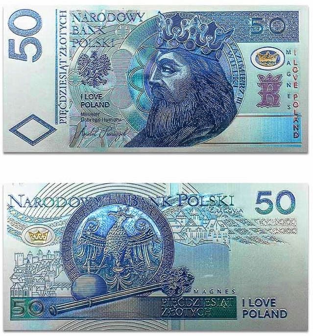 MAGNES NA LODÓWKĘ BANKNOT POLSKI 50 ZŁ PAMIĄTKA PL DWUSTRONNY GOTÓWKA ...