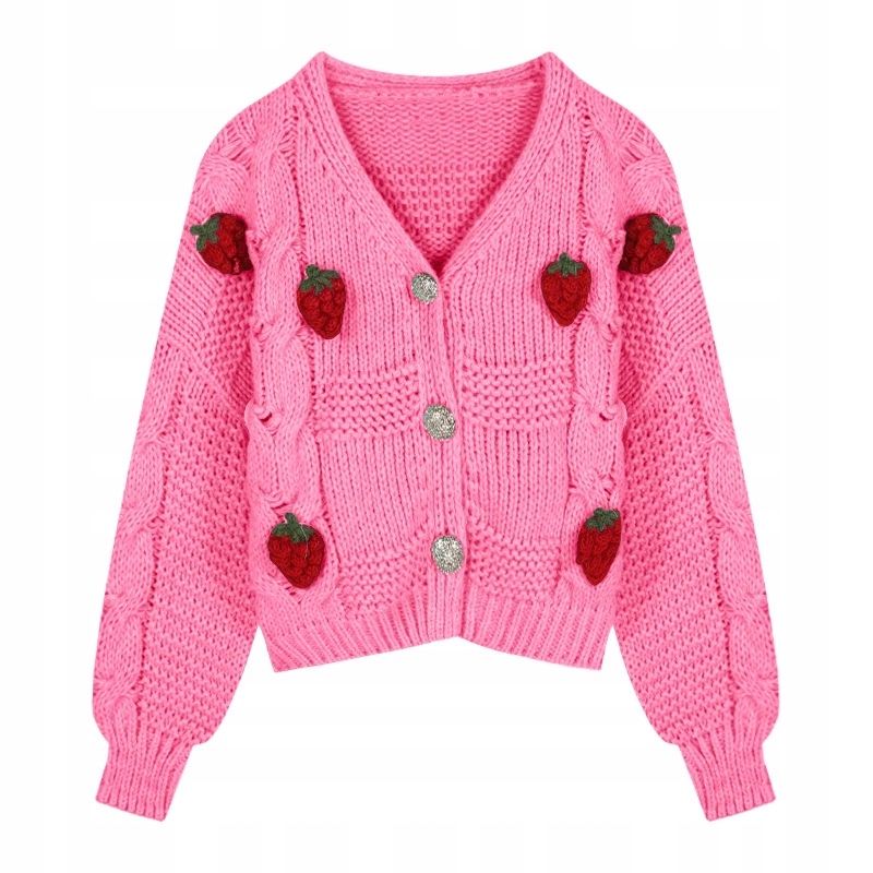 SWETER RÓŻOWY W TRUSKAWKI KARDIGAN Z GUZIKAMI – 136178794 - ERLI.pl