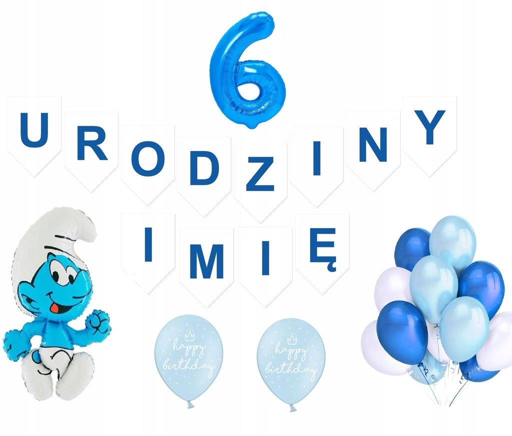 BALONY na urodziny Smerf 6 URODZINY +IMIĘ - ERLI.pl