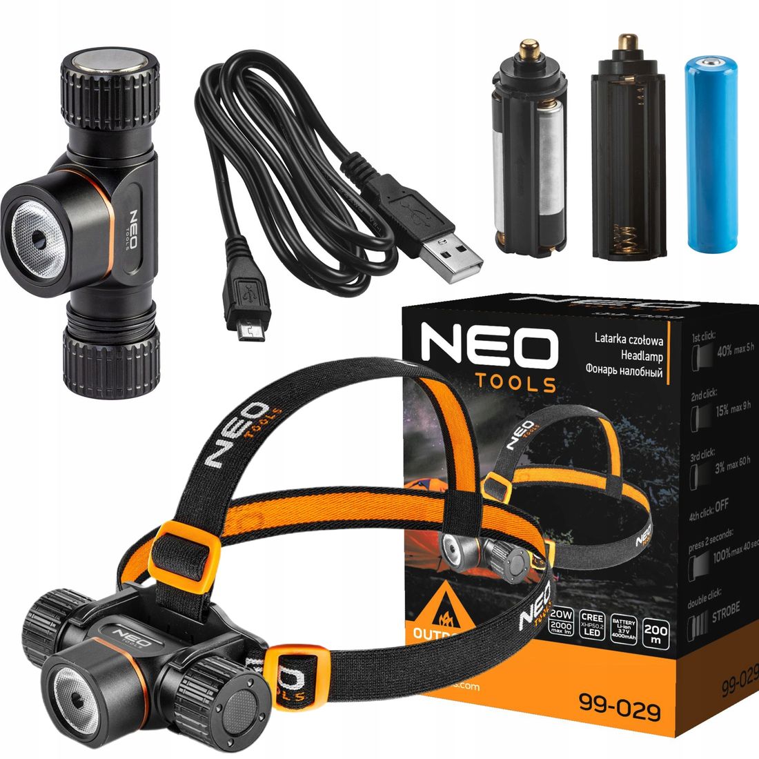 NEO LATARKA CZOŁOWA AKUMUL/BATERYJNA USB 2000lm CZOŁÓWKA ZASIĘG 200m 99 ...