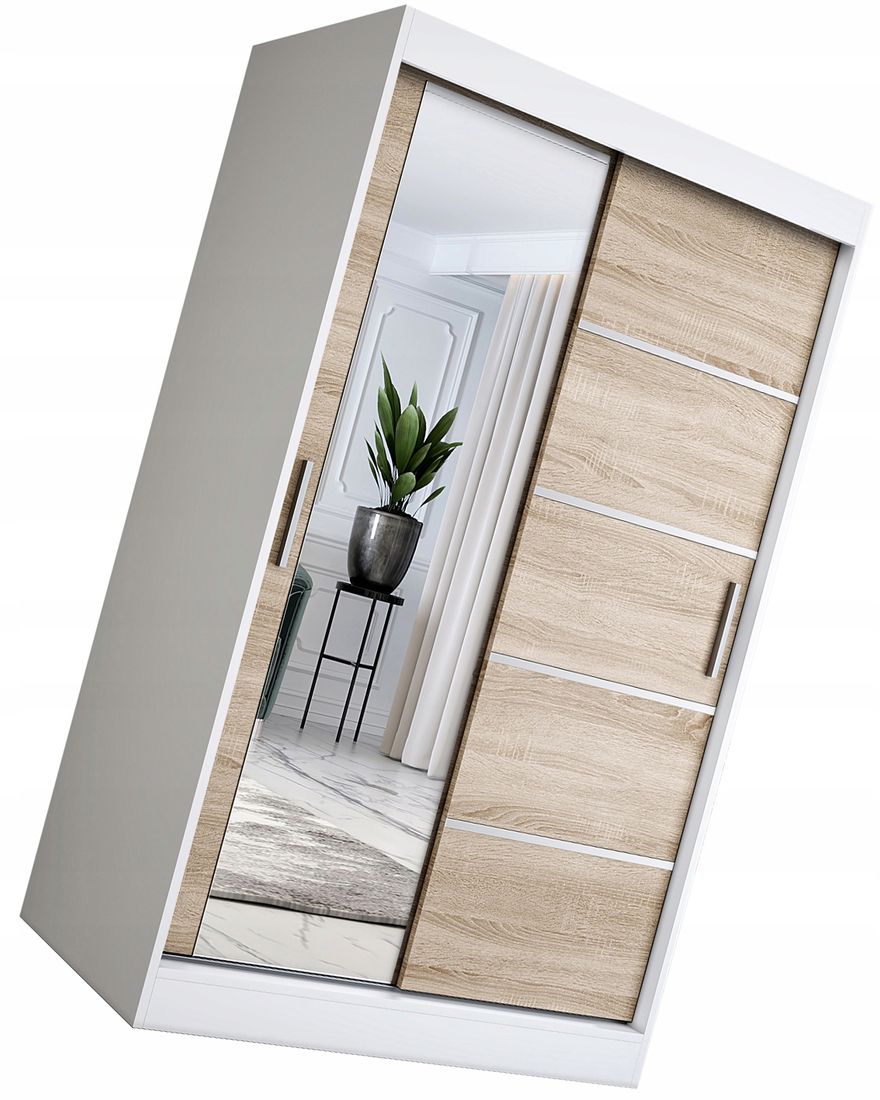 BIAŁA SZAFA PRZESUWNA = FRONT DĄB SONOMA = LUSTRO - ERLI.pl