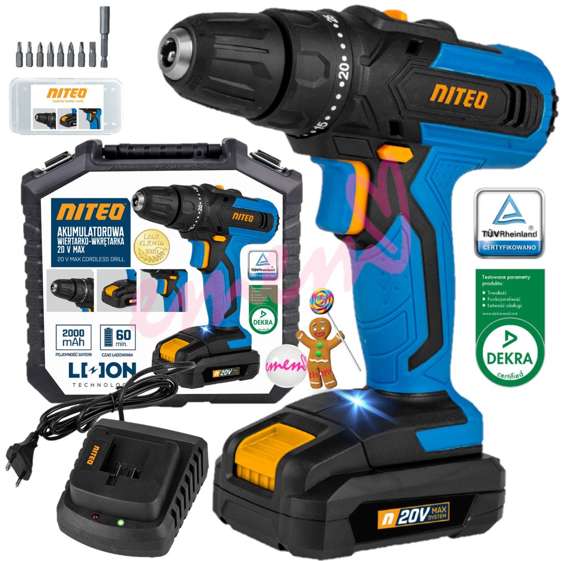 NITEO WIERTARKO-WKRĘTARKA AKUMULATOROWA 20 V MAX LED AKUMULATOR ŁADOWARKA - ERLI.pl