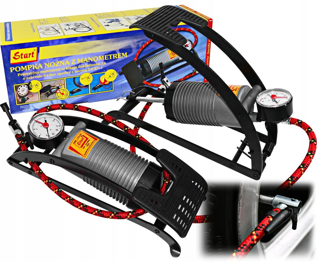 POMPKA NOŻNA ROWEROWA SAMOCHODOWA POLSKA START Z MANOMETREM ROWER AUTO ...