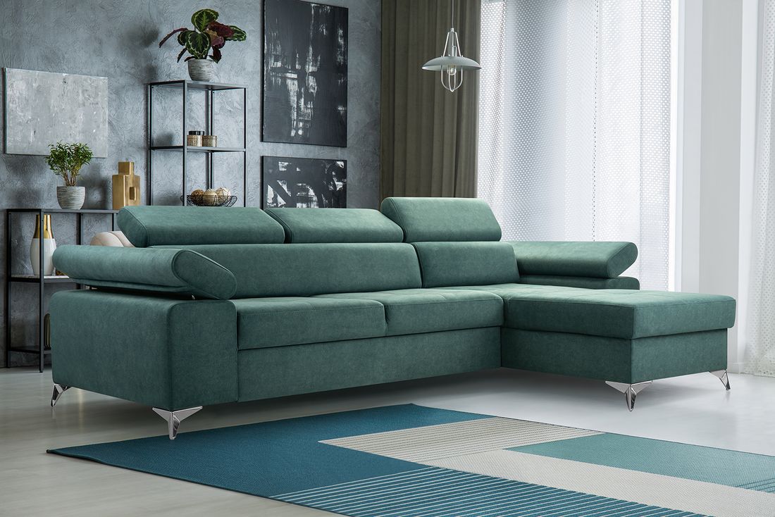 Nowoczesny narożnik IDRI regulowane zagłówki funkcja spania - ERLI.pl