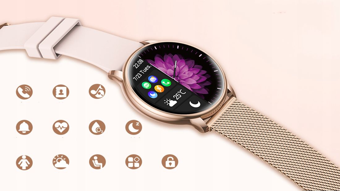 DAMSKI SMARTWATCH ZEGAREK Z FUNKCJĄ ROZMOWY ZŁOTY CIŚNIENIE PULS ...