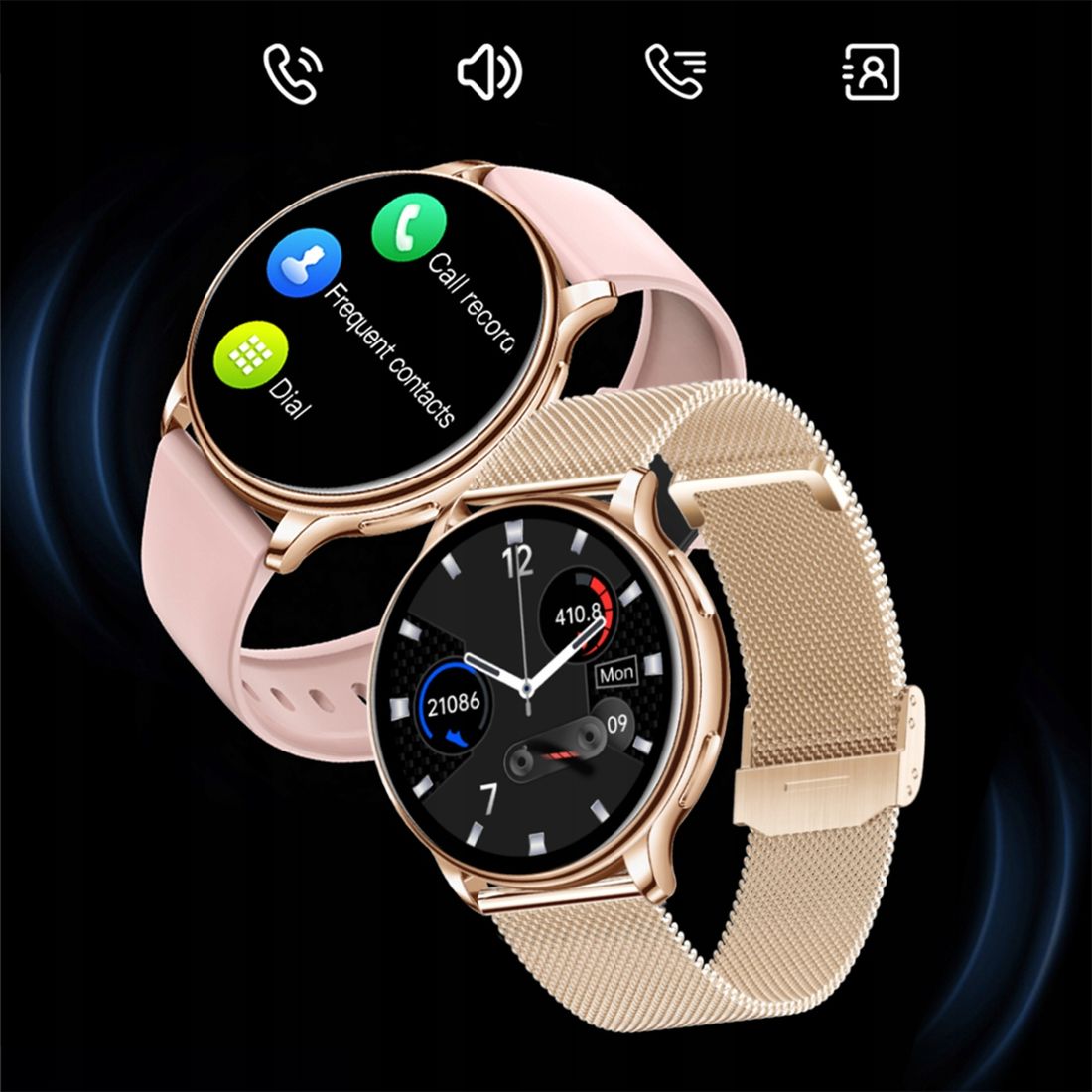 DAMSKI SMARTWATCH ZEGAREK Z FUNKCJĄ ROZMOWY ZŁOTY CIŚNIENIE PULS ...