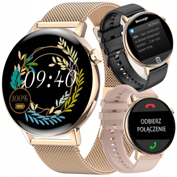 ZEGAREK SMARTWATCH DAMSKI ROZMOWY 3 PASKI MENU PL - ERLI.pl