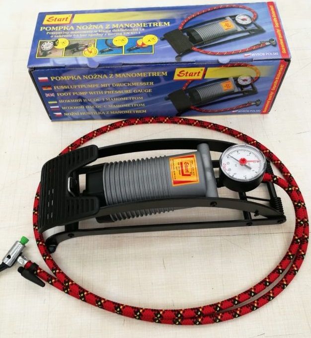 MOCNA POMPKA NOŻNA samochodowa z manometrem + KOŃCÓWKI 6BAR START ...