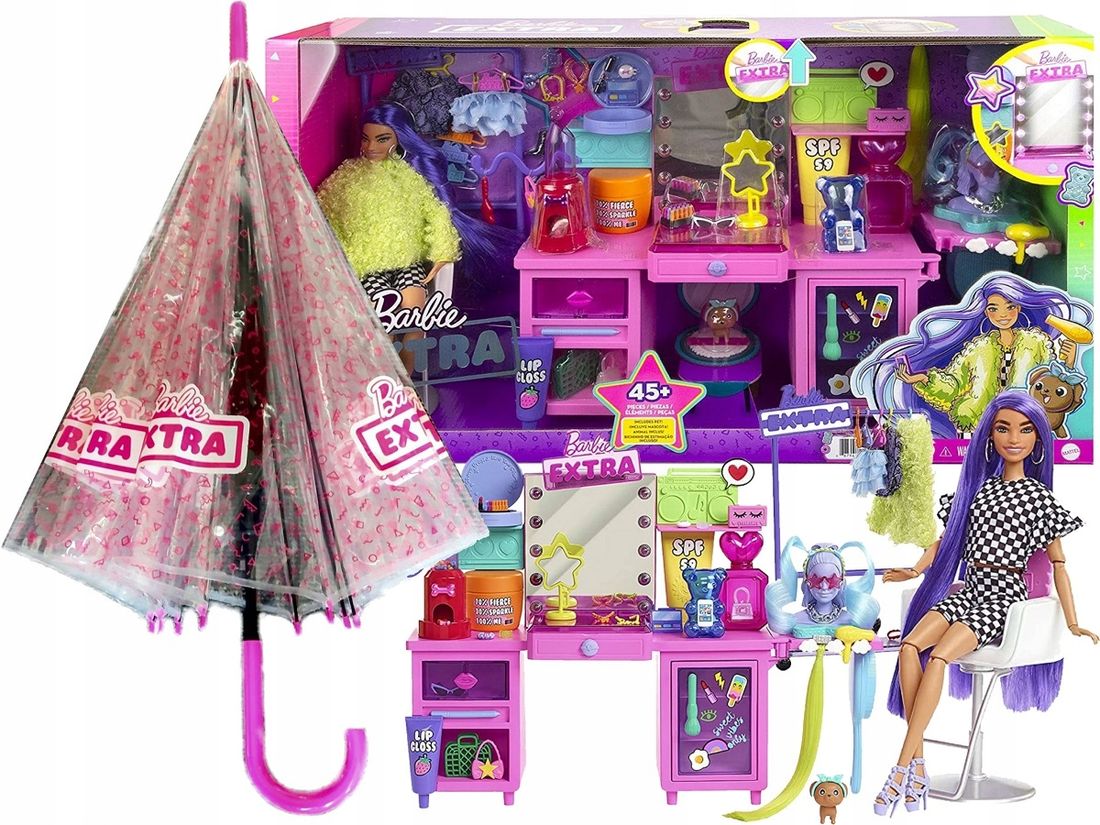 BARBIE EXTRA MODNA TOALETKA Z LALKĄ GYJ70 +PARASOL - ERLI.pl