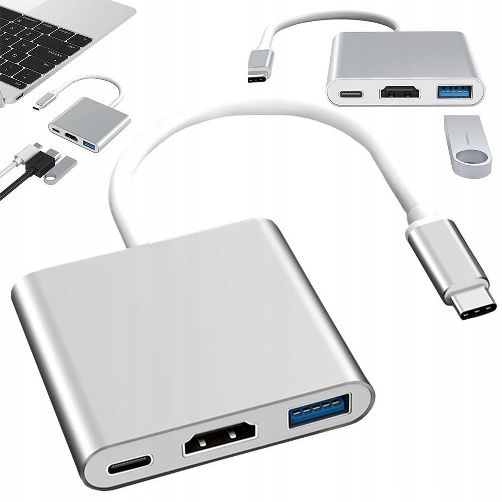 PRZEJŚCIÓWKA DO MONITORA TELEWIZORA ADAPTER 3W1 HUB USB-C USB 3.0 HDMI ...