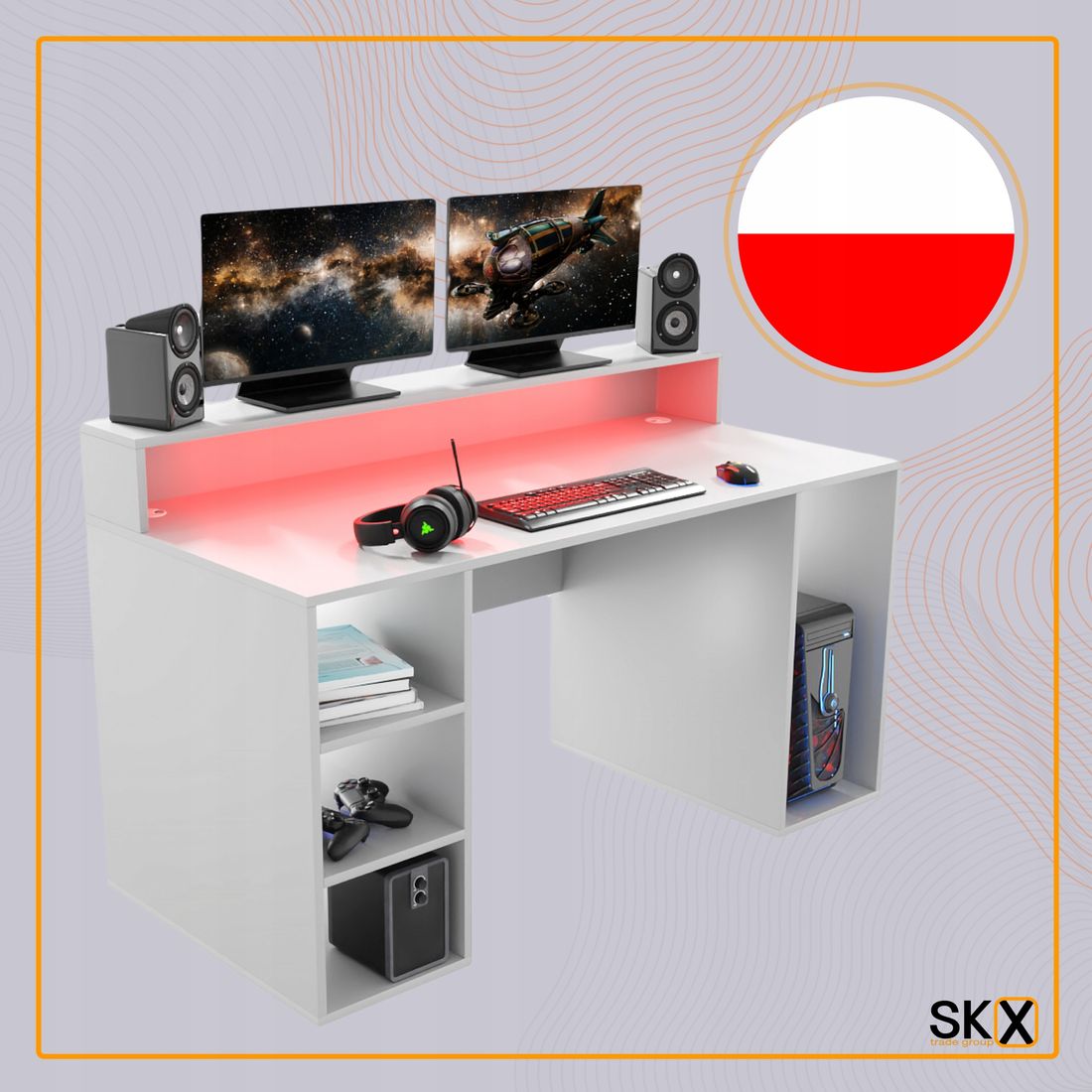 Biurko Gamingowe Komputerowe Enigma XL LED Białe - ERLI.pl