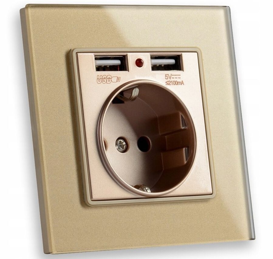 GNIAZDKO SZKLANE Z 2x USB ZŁOTE KONTAKT + PUSZKA - ERLI.pl