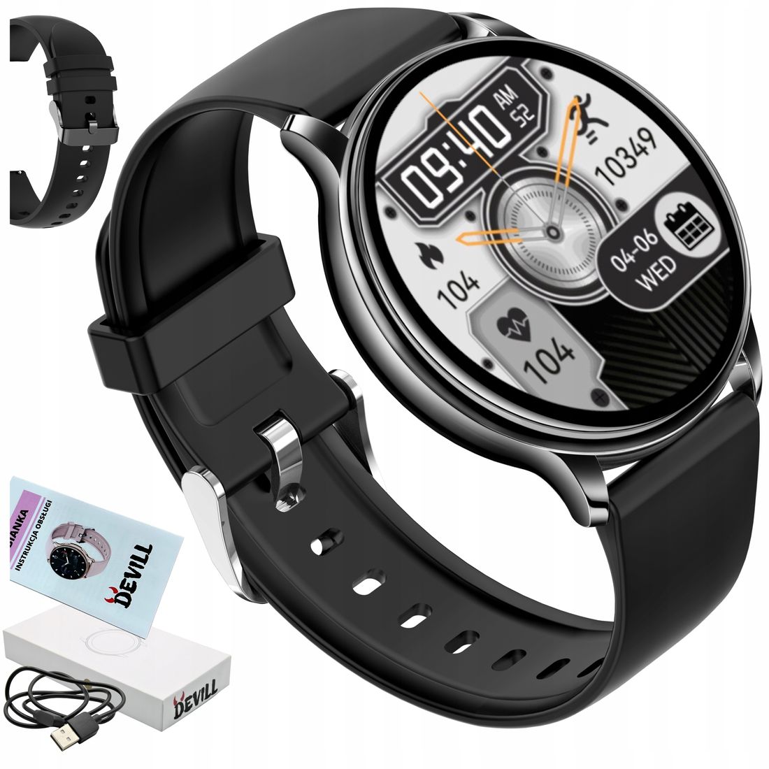 SMARTWACH DAMSKI z Funkcja Rozmowy Zegarek Czarny Okrągły Polskie Menu ...