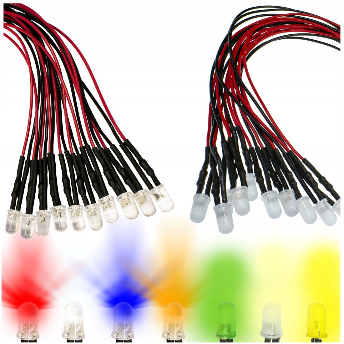 DIODY LED 12V 5mm MIX KOLORÓW i RODZAJÓW do wyboru - przewody 20cm | 10 ...