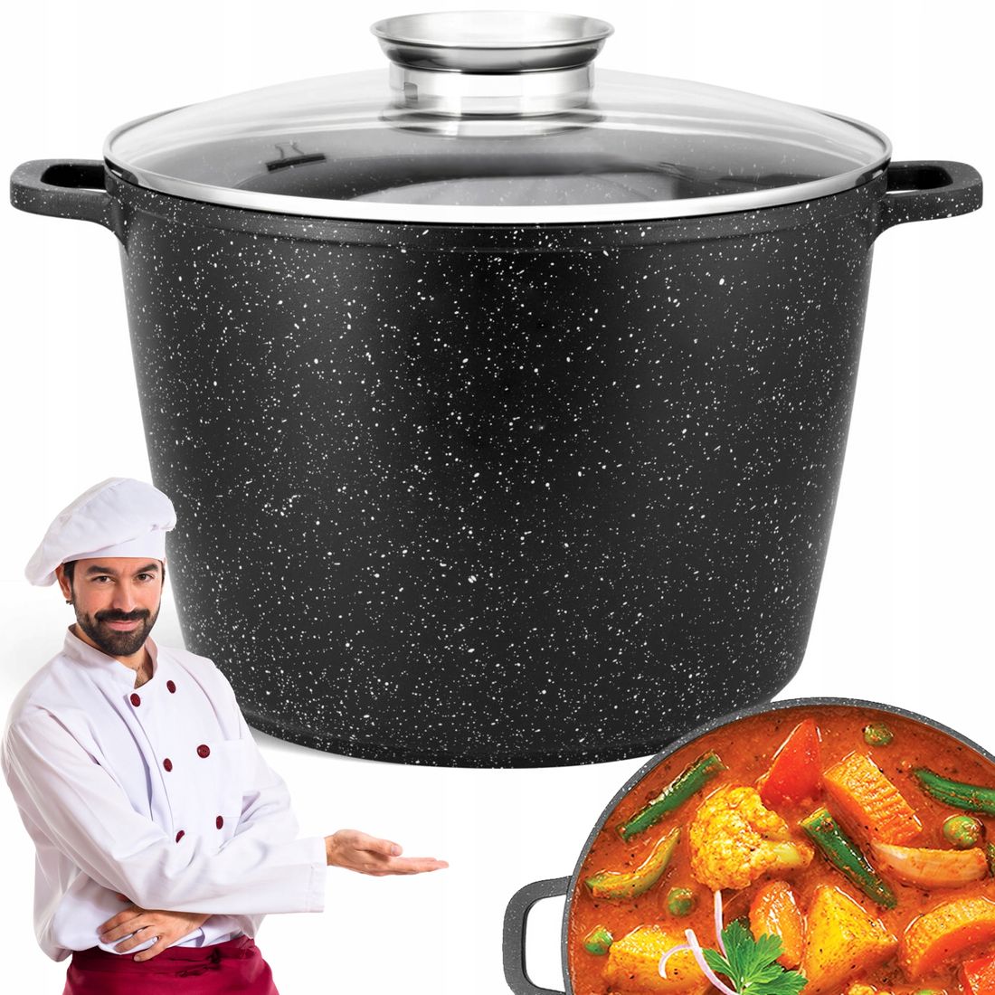 DUŻY GARNEK MARMUROWY Z POKRYWKA INDUKCJA GAZ NON-STICK AROMA KNOB 28cm ...