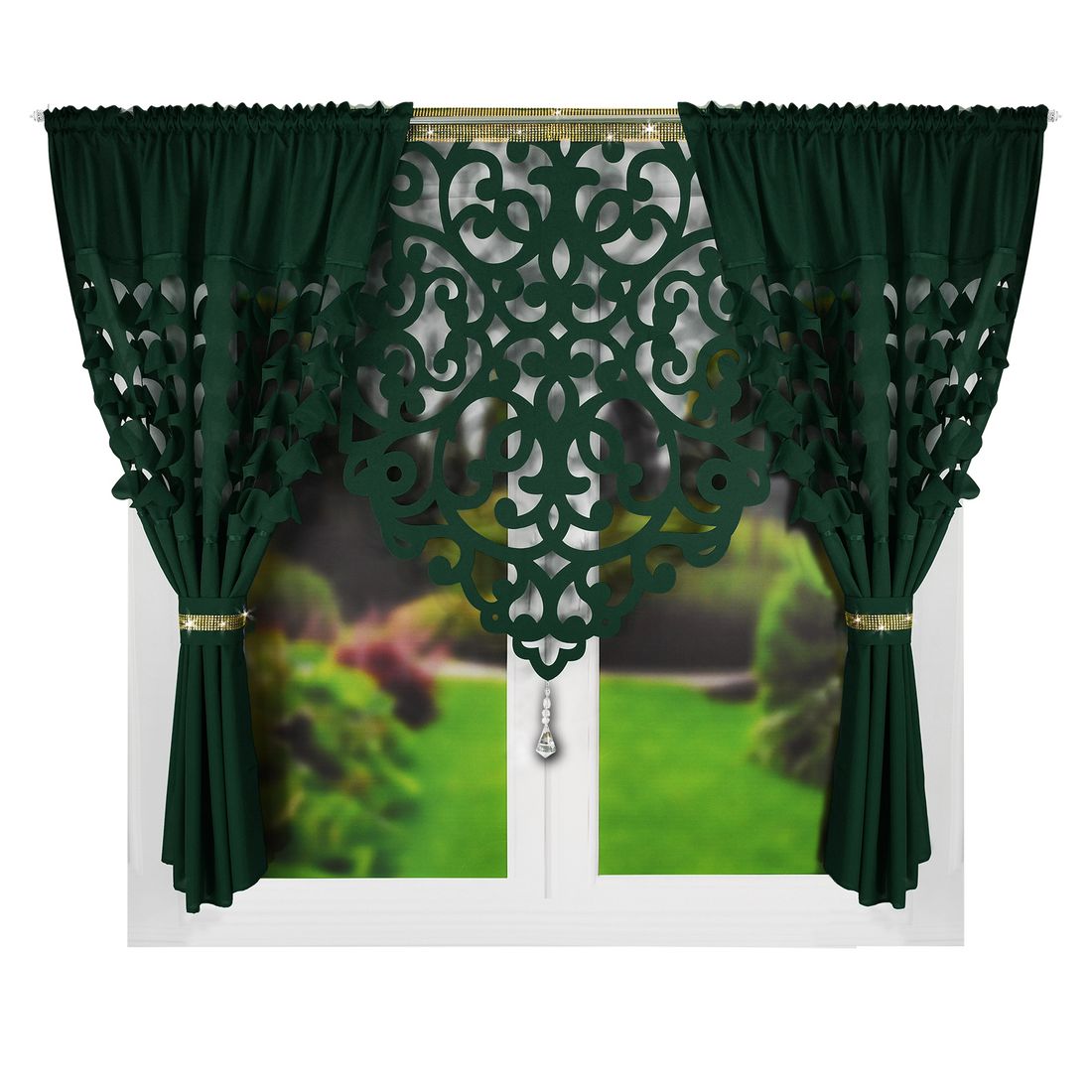 ZASŁONA DEKORACYJNA ZESTAW Z KRYSZTAŁKIEM I AŻUREM - ERLI.pl