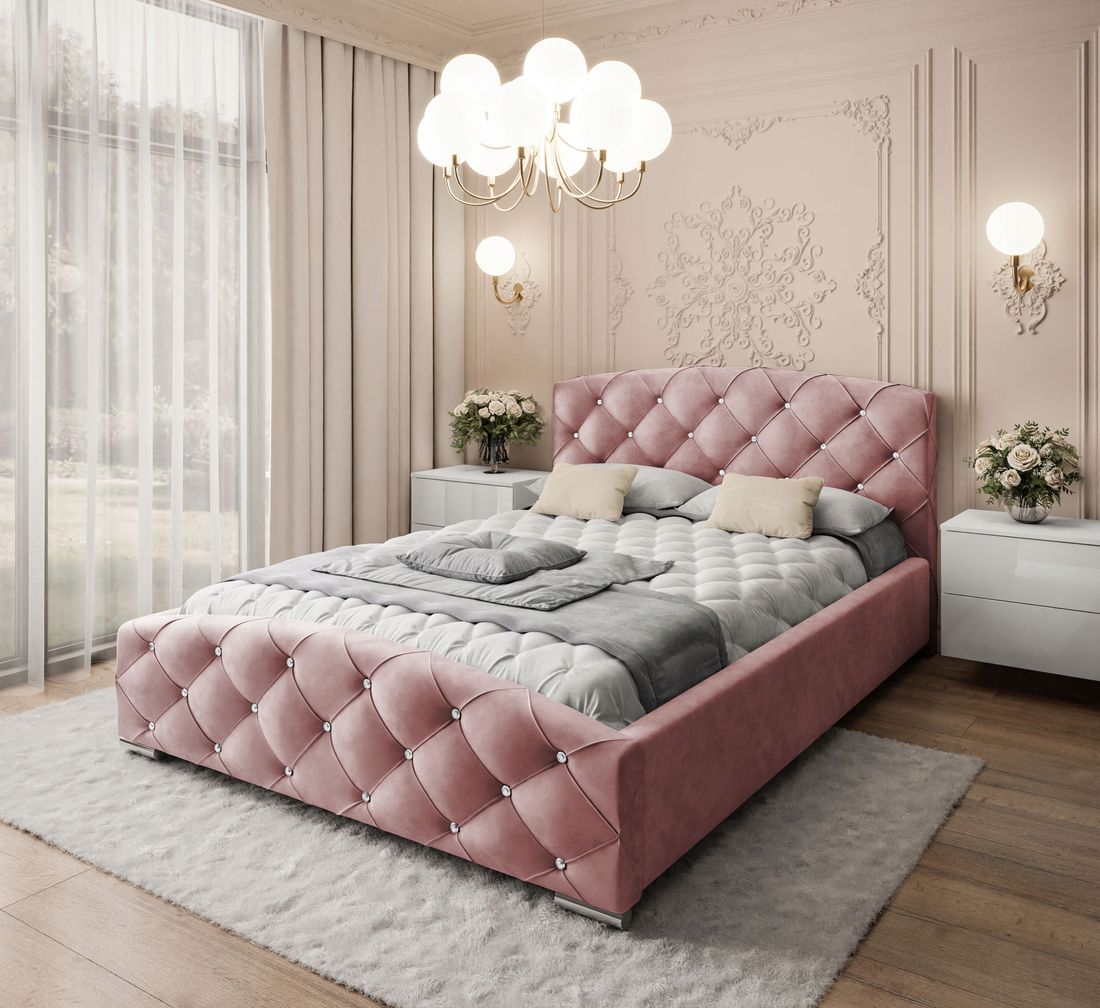 Łóżko tapicerowane CARO z kryształkami 180x200 róż – 137146497 - ERLI.pl