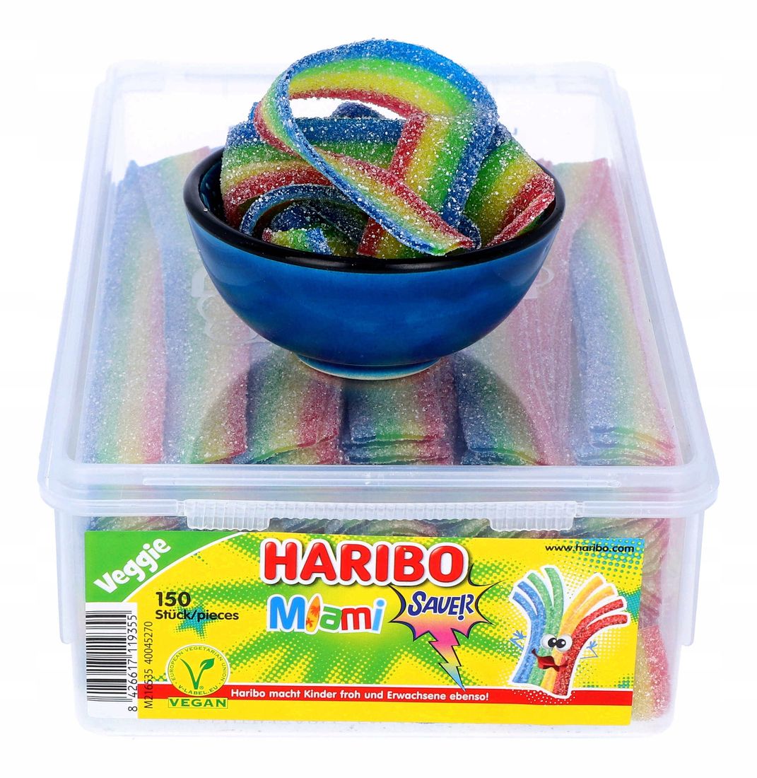 Haribo MIAMI żelki Kwaśne Paski owocowe 150szt DE sauer 1125g Tęczowe ...