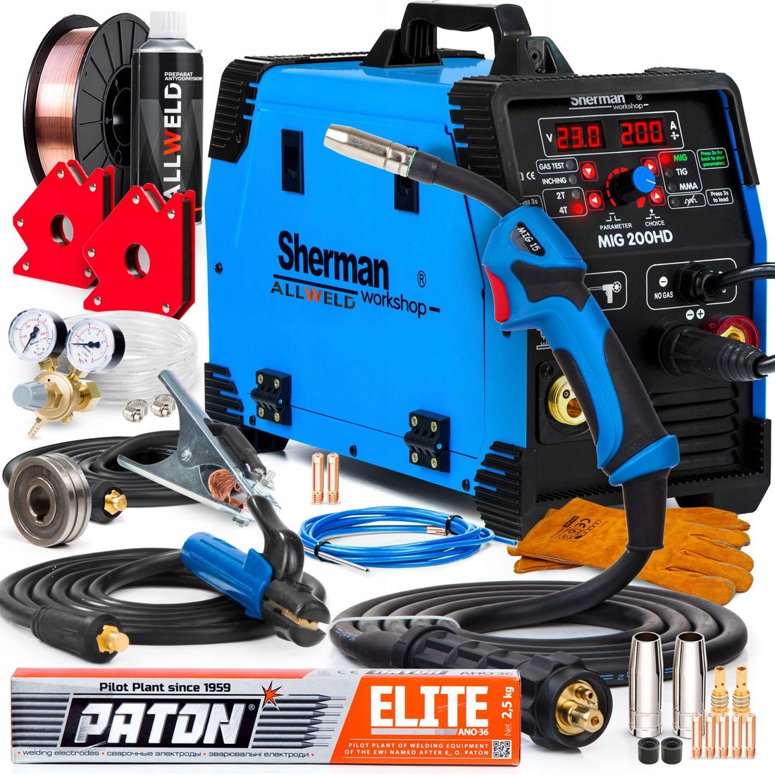 PÓŁAUTOMAT SPAWALNICZY SPAWARKA SHERMAN MIG 200 HD MMA TIG 200A 230V 3W1 - ERLI.pl