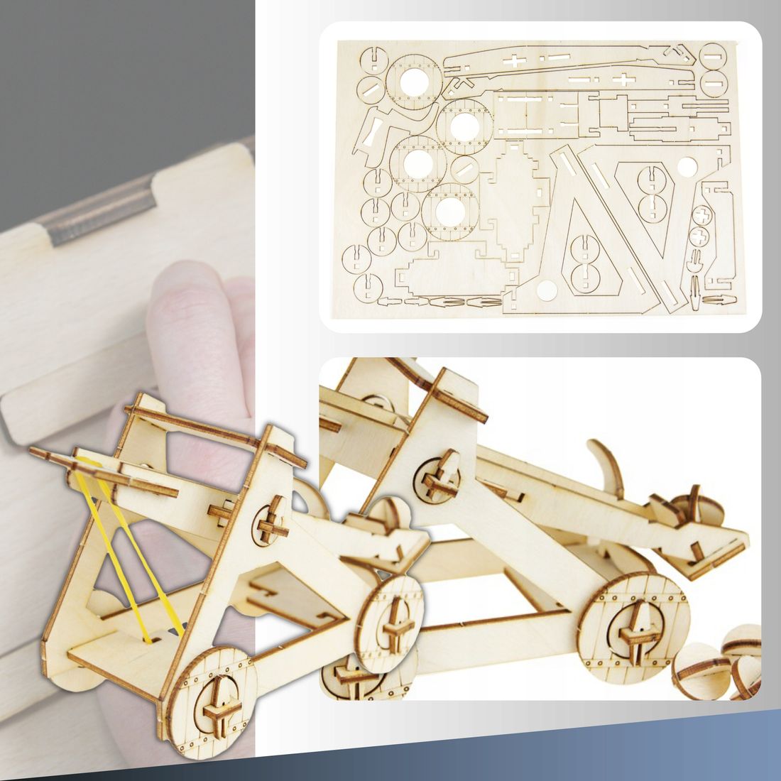 Drewniana katapulta, puzzle, do złożenia, zestaw konstrukcyjny, pociski ...