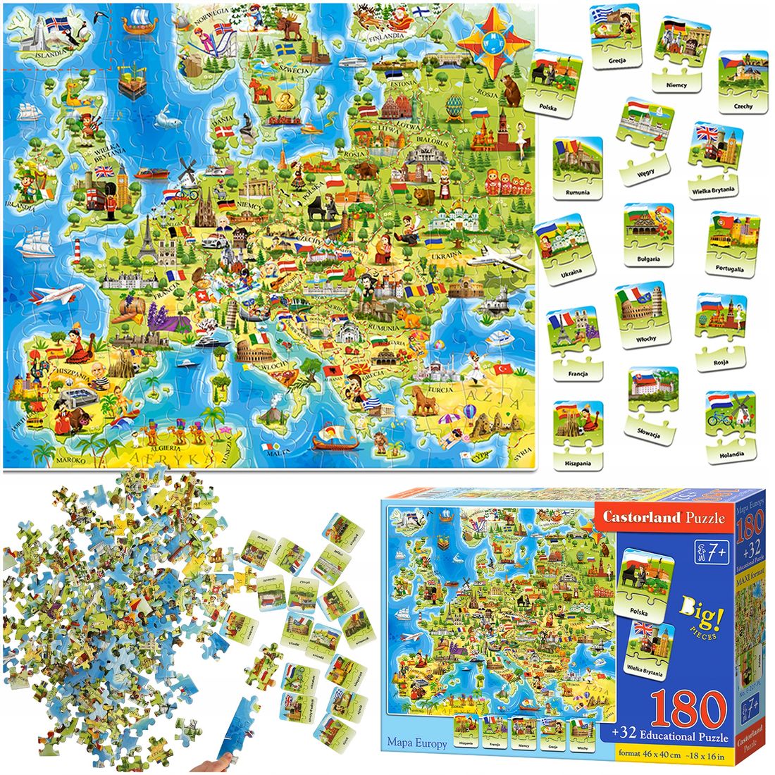 PUZZLE EDUKACYJNE UKŁADANKA MAPA EUROPY KRAJE FLAGI GRA 7+ 180EL ...