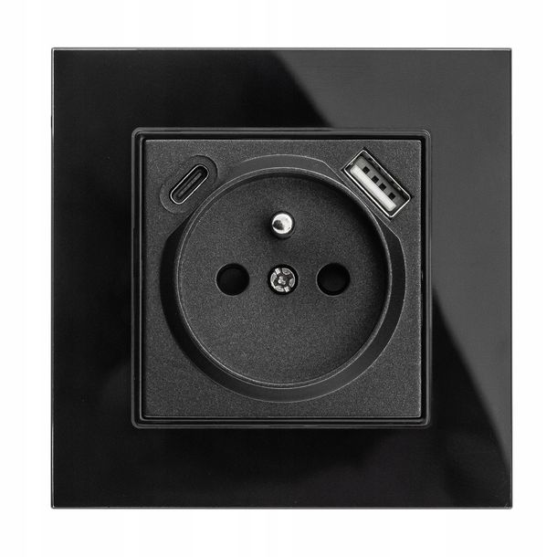 Gniazdko pojedyncze SZKLANE 230V KONTAKT z BOLCEM uziemieniem CZARNE ...