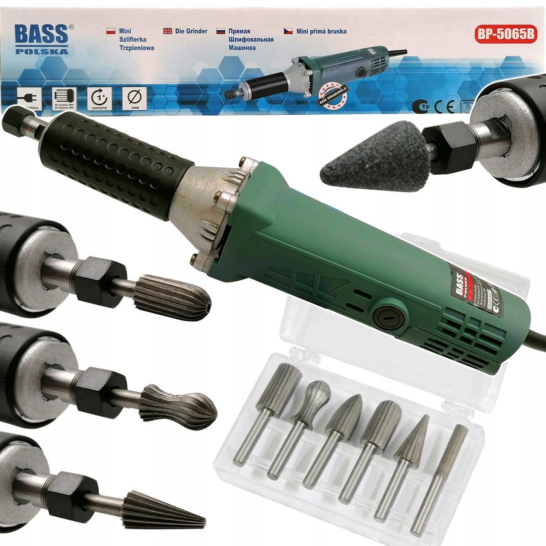 BASS POLSKA SZLIFIERKA PROSTA TRZPIENIOWA 6mm PALCOWA 600W + FREZY ...