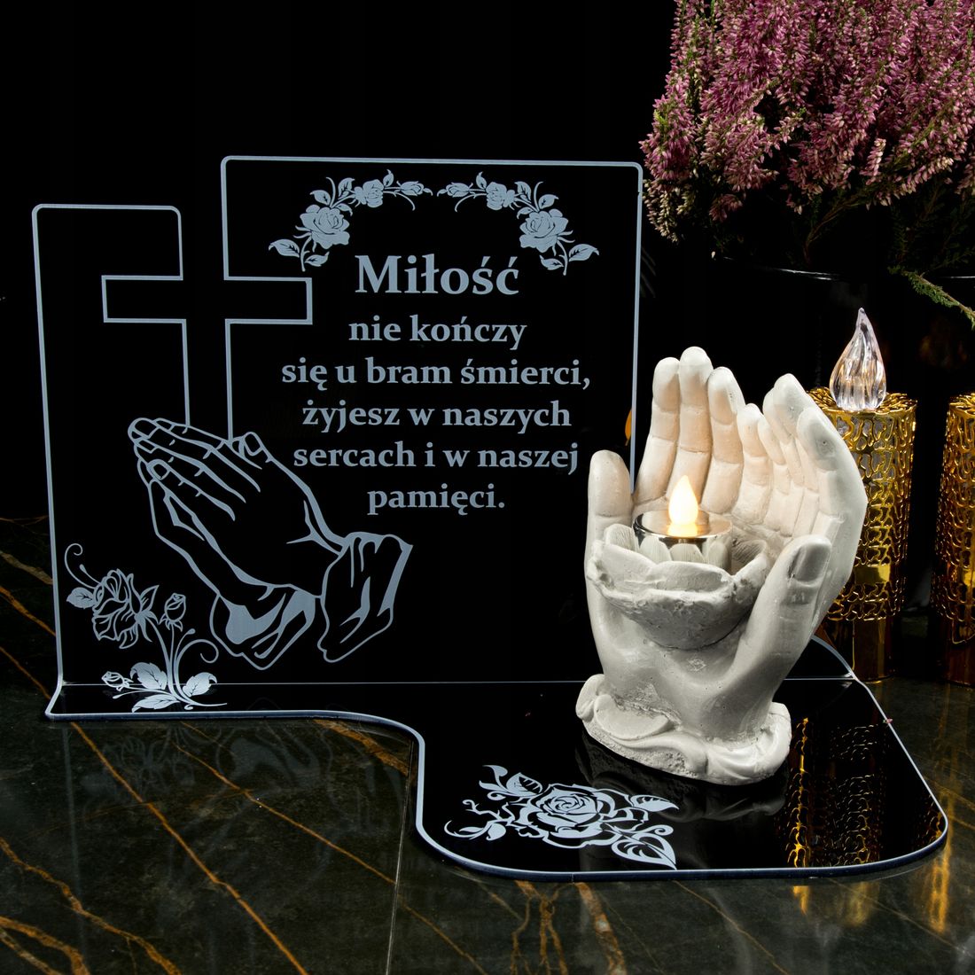 ZNICZ DŁONIE Z PODSTAWKĄ ELEGANCKI LAMPION RĘCE SZKŁO AKRYLOWE - ERLI.pl