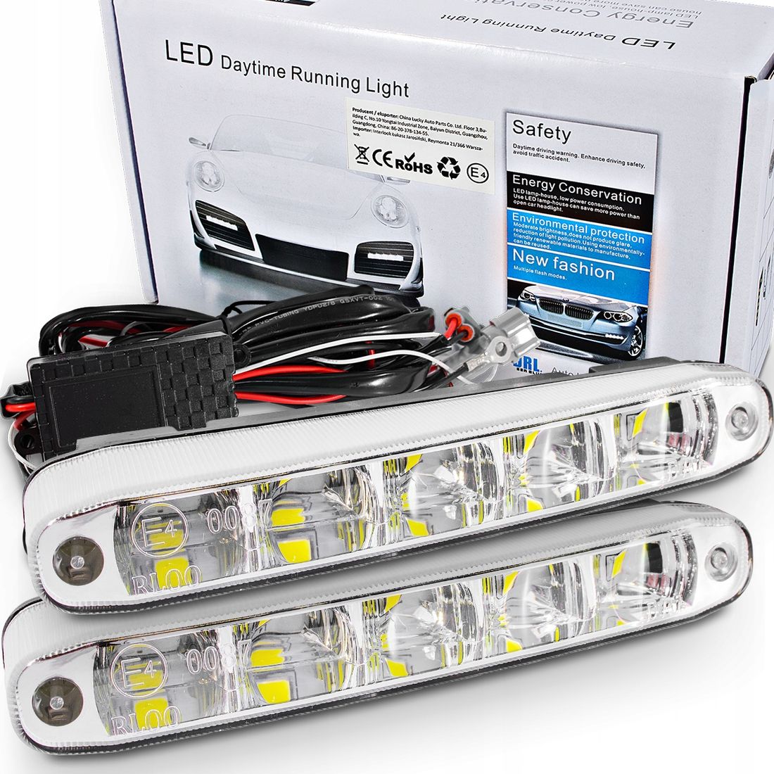 ŚWIATŁA DO JAZDY DZIENNEJ SKOŚNE LAMPY DZIENNE LED DRL HOMOLOGACJA E4 ...