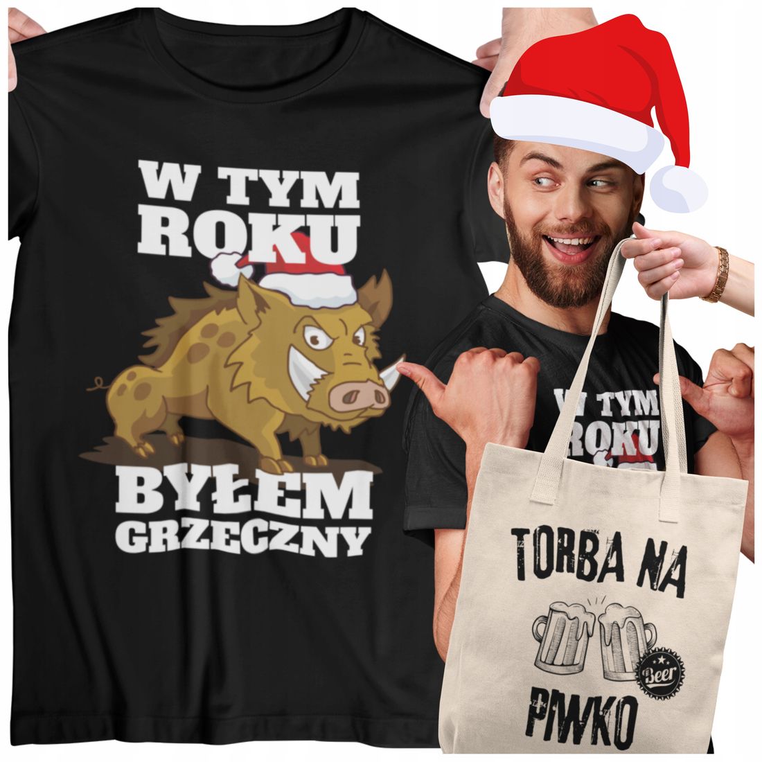 ŚMIESZNA KOSZULKA ŚWIĄTECZNA POD CHOINKĘ DLA FACETA DZIK + TORBA NA ...