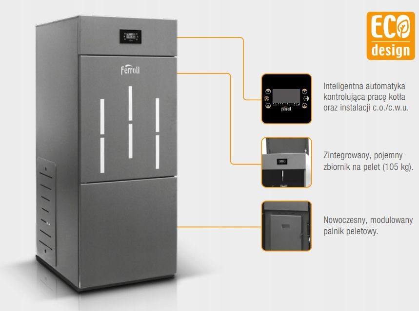 Piec stalowy na pellet Ferroli Pro 18kW + zasobnik - ERLI.pl