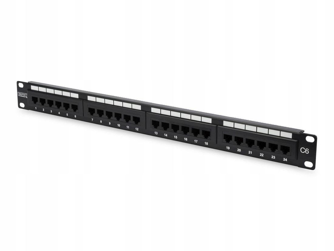 Patch panel 19" 24 porty, kat.6, U/UTP, 1U, wspornik kablowy, czarny ...