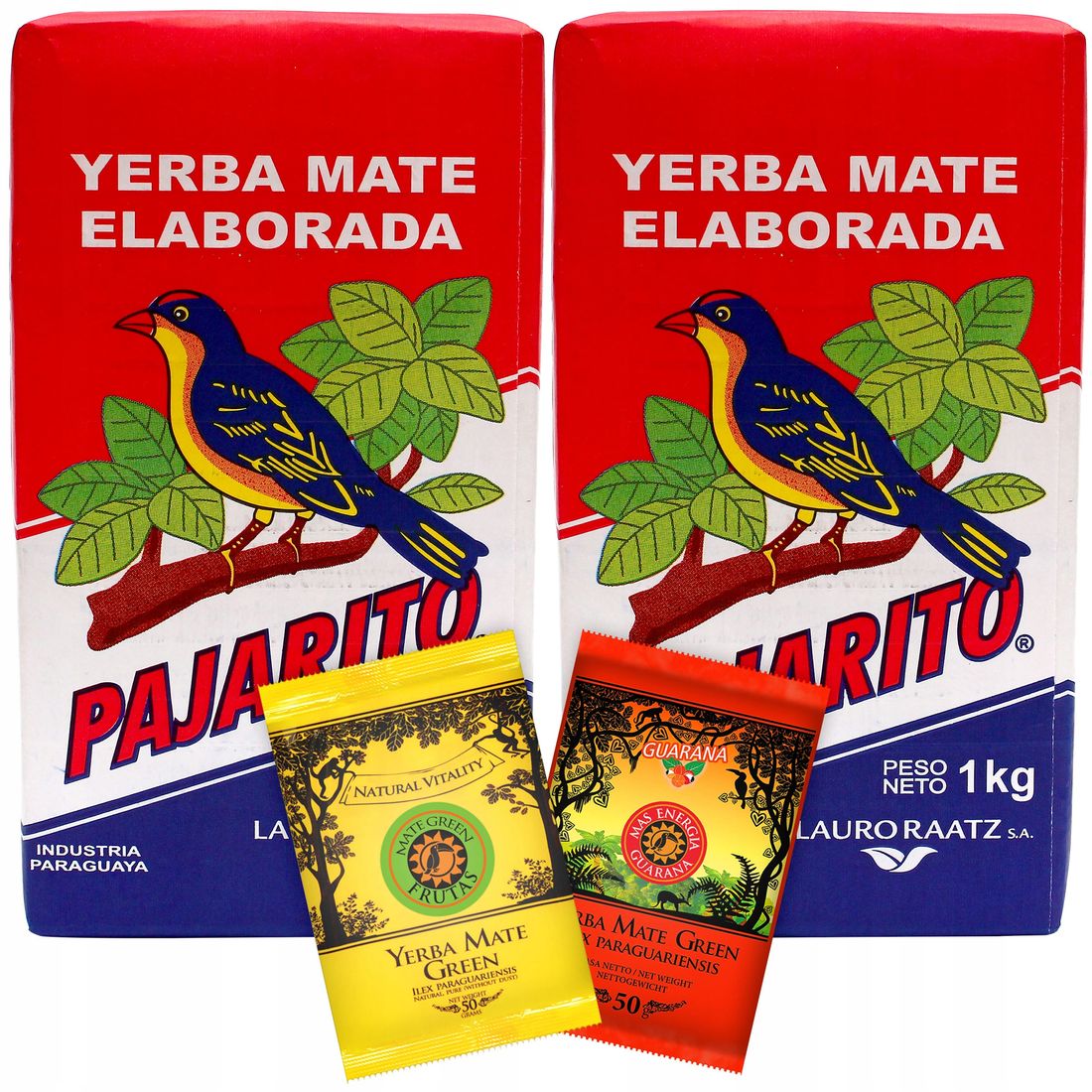 Yerba Mate Pajarito Elaborada Con Palo 2x1kg + 2x50g Mate Green Guarana ...