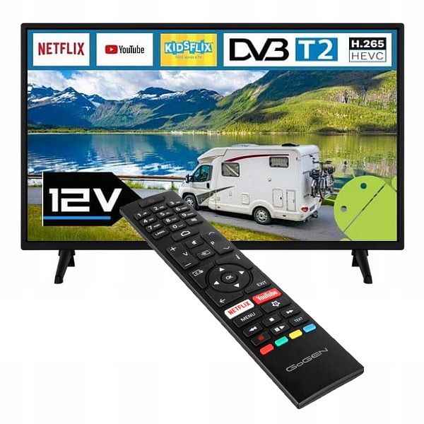 Telewizor SMART TV Android 24 cale HD WiFi DVB-T2 HEVC Netflix 230V i 12V – 164935724 - ERLI.pl