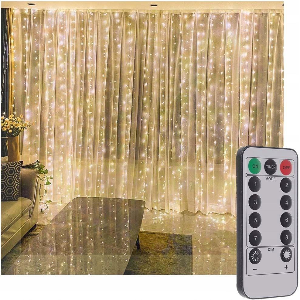 Kurtyna LED Sople Lampki Mikro Drucik 3x3m na Pilot Białe Ciepłe - ERLI.pl