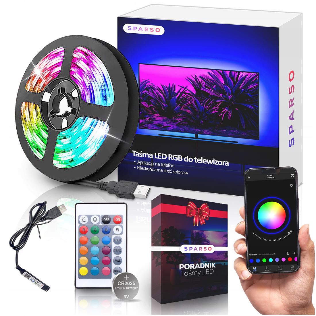 TAŚMA LED 3M RGB USB 5050 Podświetlenie do TV LEDY Pilot APLIKACJA ...