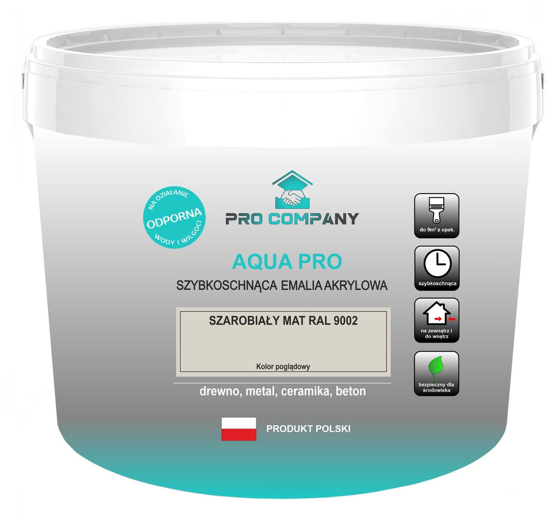AQUA PRO Emalia Akrylowa Szybkoschnąca 5L Szarobiały MAT RAL 9002 – 168068061 - ERLI.pl