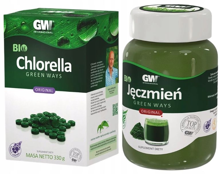 BIO CHLORELLA tabletki 330g + JĘCZMIEŃ proszek 300g Green Ways ...